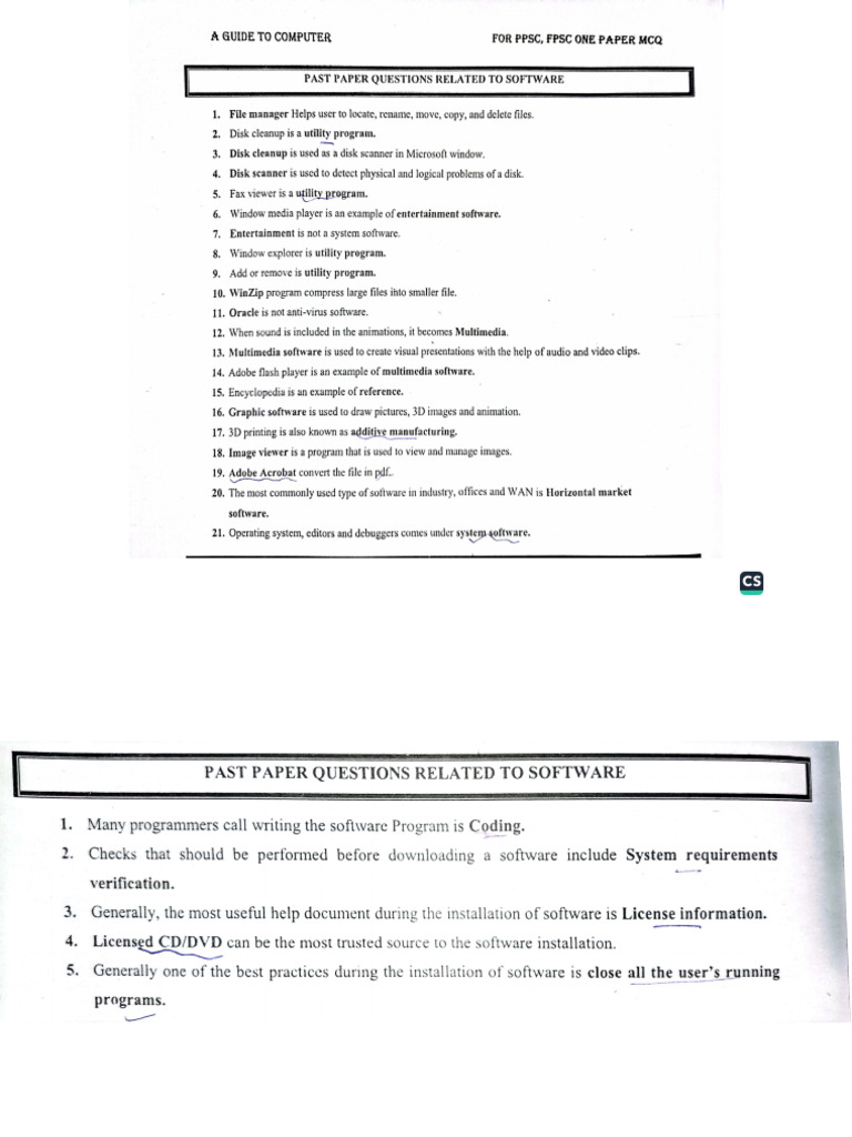 Past Papers Questions Related To Software, Printer | PDF