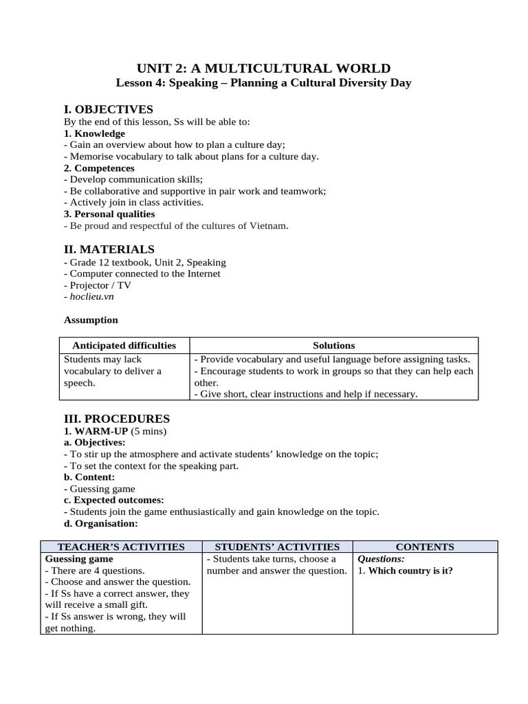 UNIT 2 - A MULTICULTURAL WORLD - Speaking | PDF