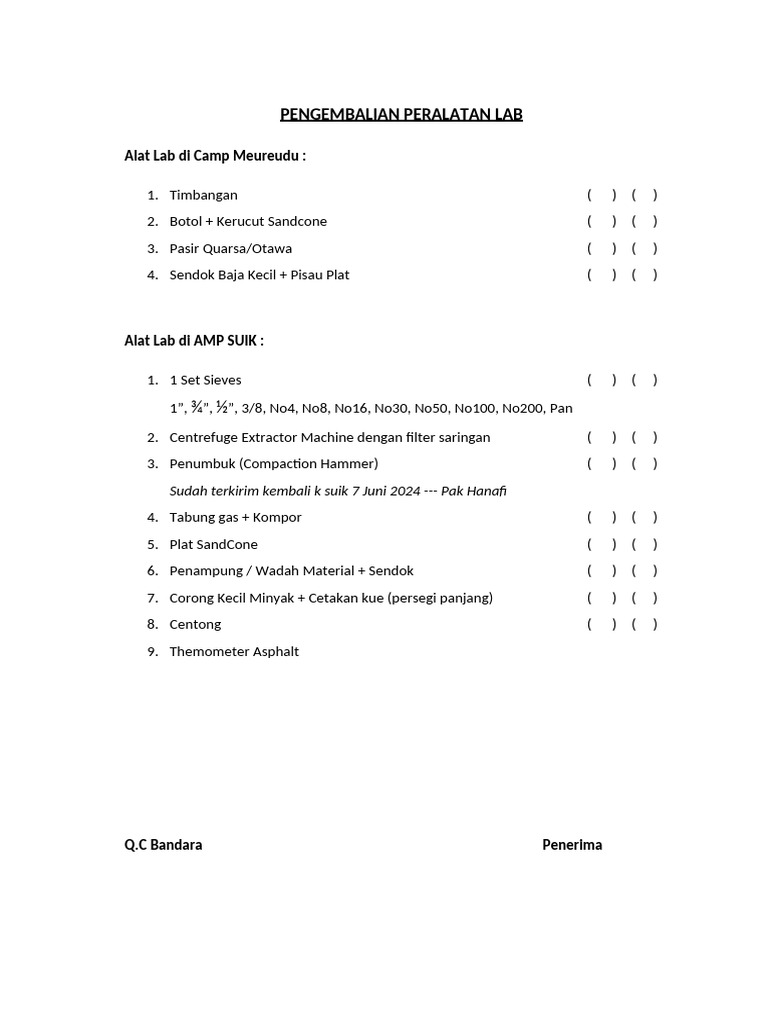 Pengembalian Peralatan Lab | PDF