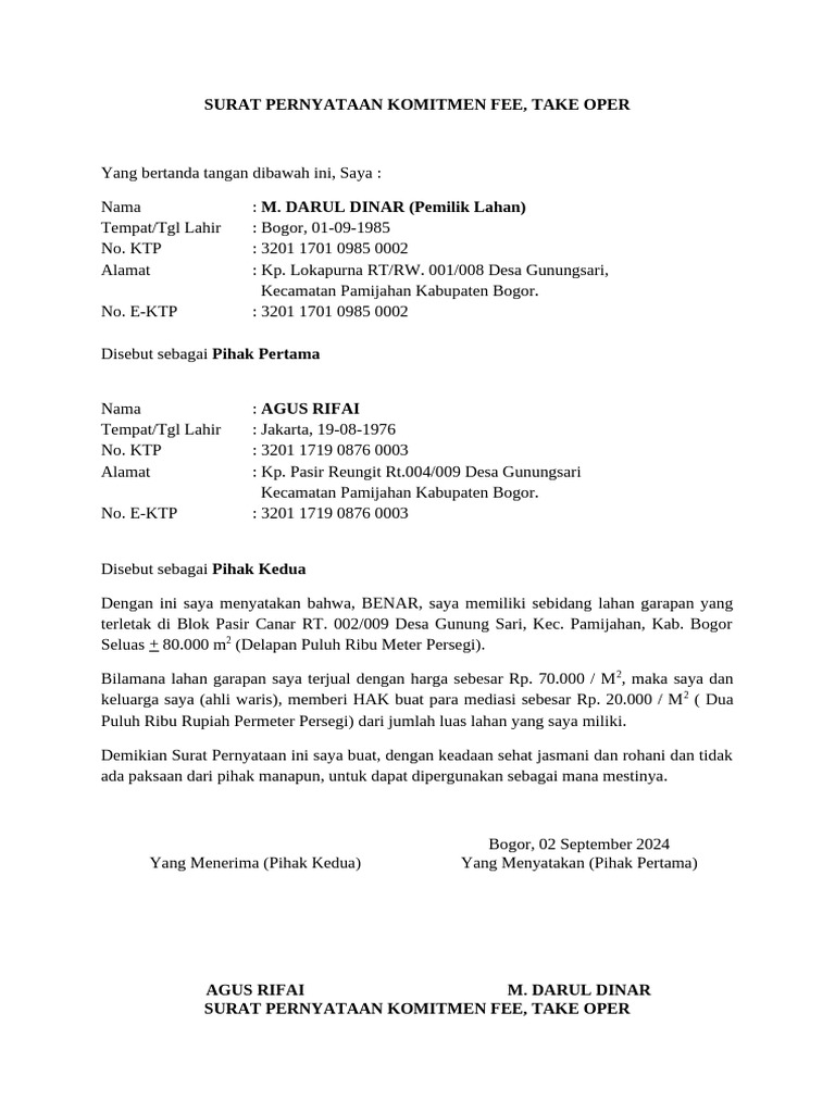 Surat Pernyataan Komitmen Fee | PDF