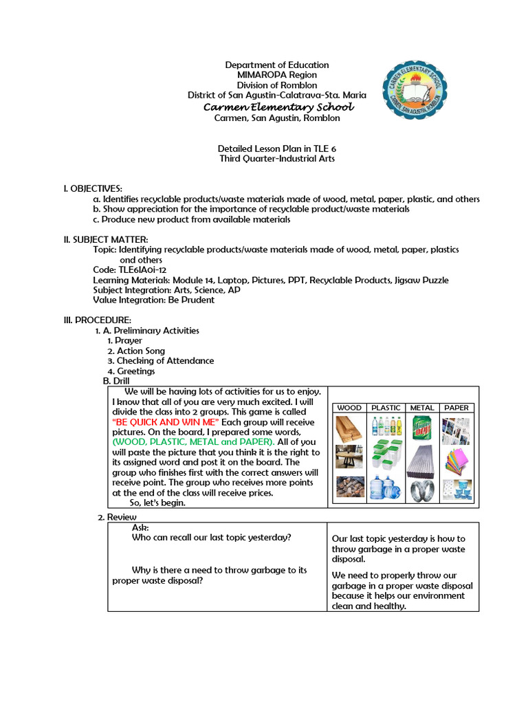 Grade 6 TLE Lesson Plan: Recycling | PDF | Recycling | Waste Management