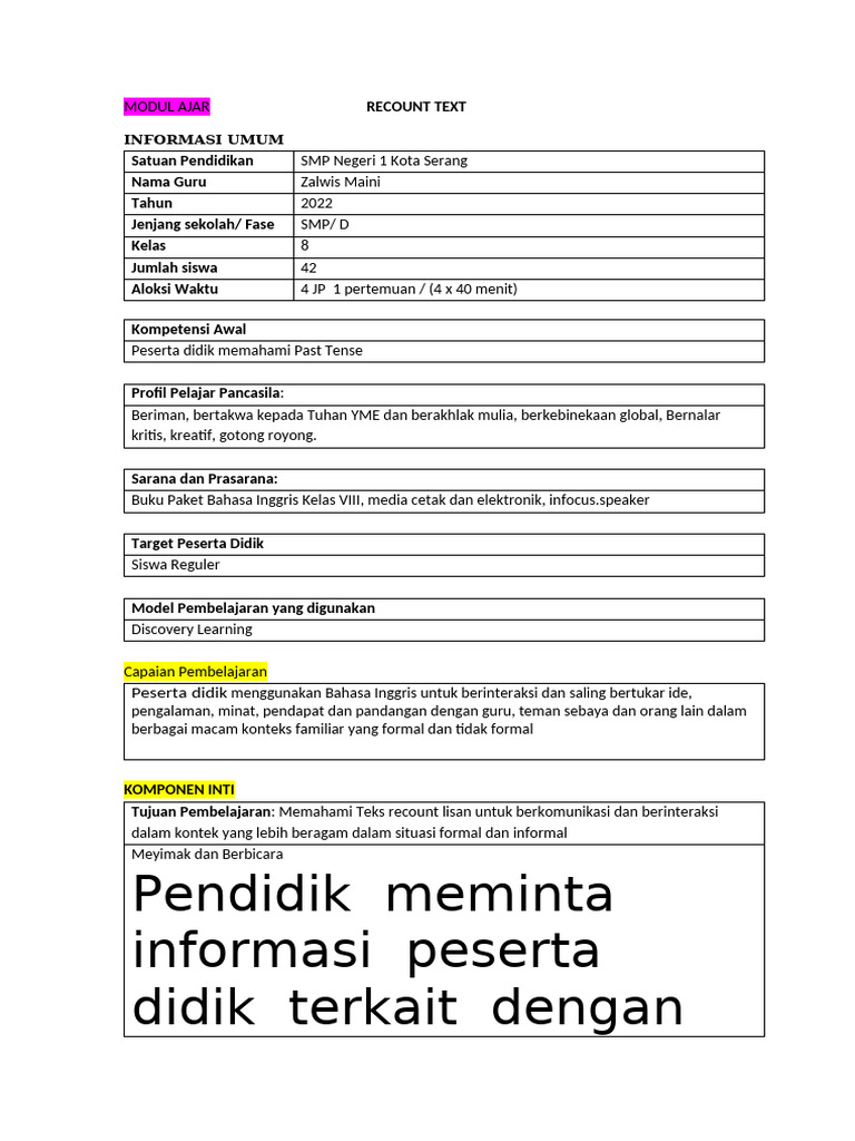 MODUL AJAR Recount Text Writing | PDF