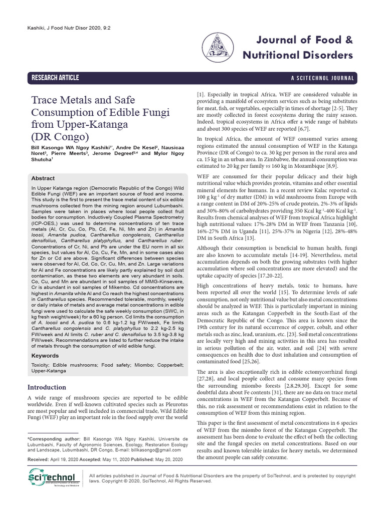 Trace Metals and Safe Consumption of Edible Fungi From Upper Katanga DR Congo | PDF