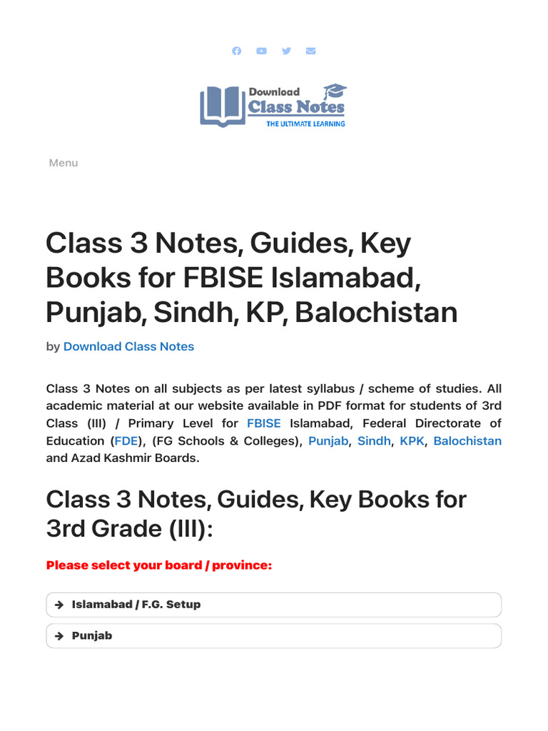 Class 3 Notes, Guides, Key Books For FBISE Islamabad, Punjab, Sindh, KP ...