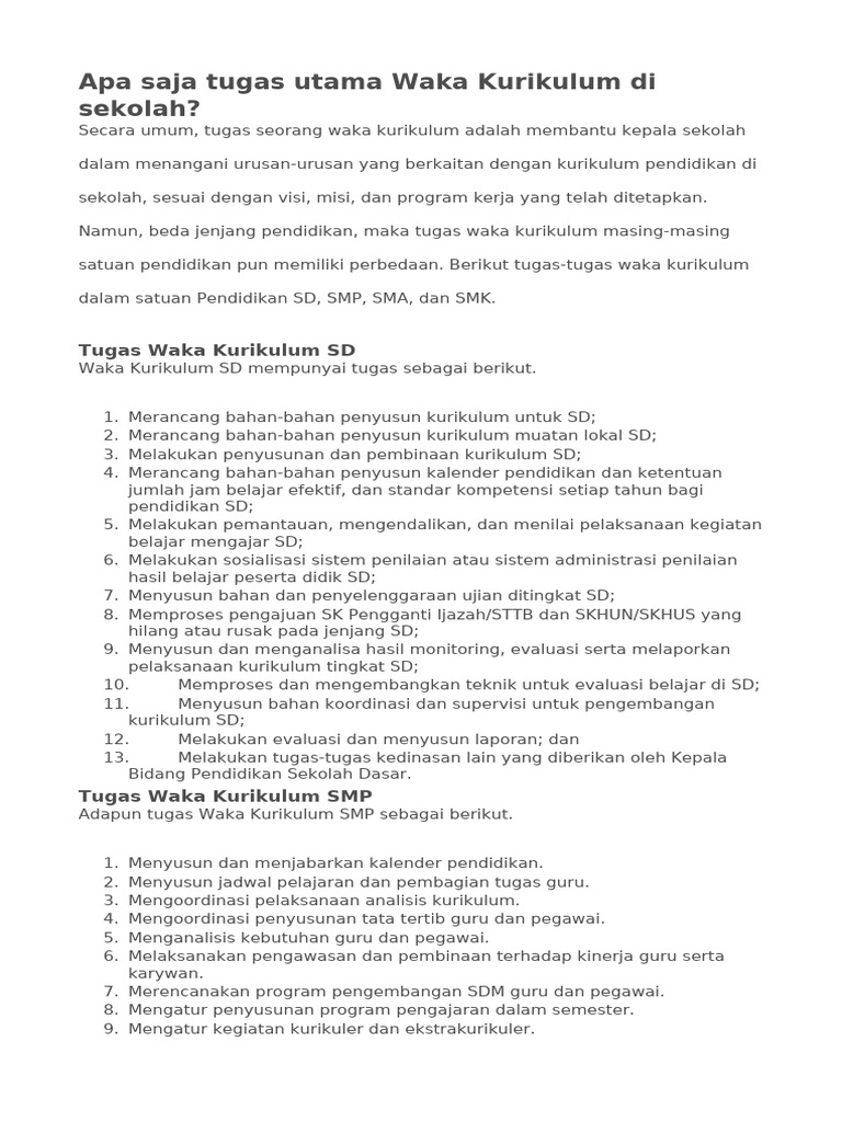 Apa Saja Tugas Utama Waka Kurikulum Di Sekolah | PDF