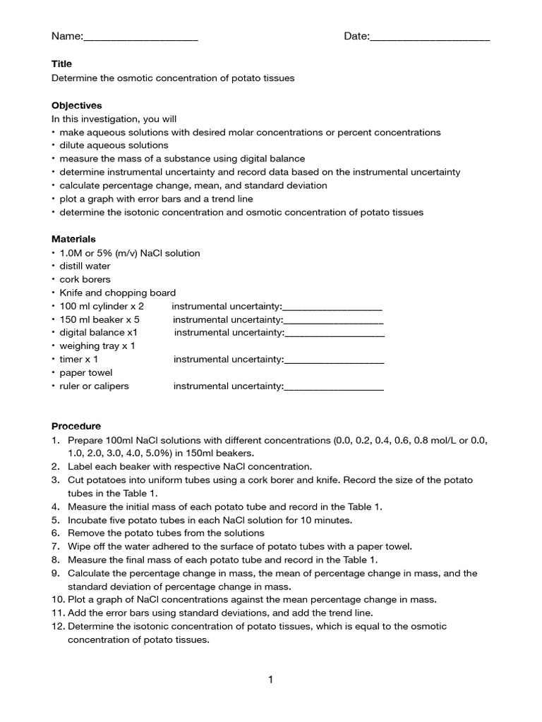 Potato Osmosis Lab Data Collection and Process | PDF