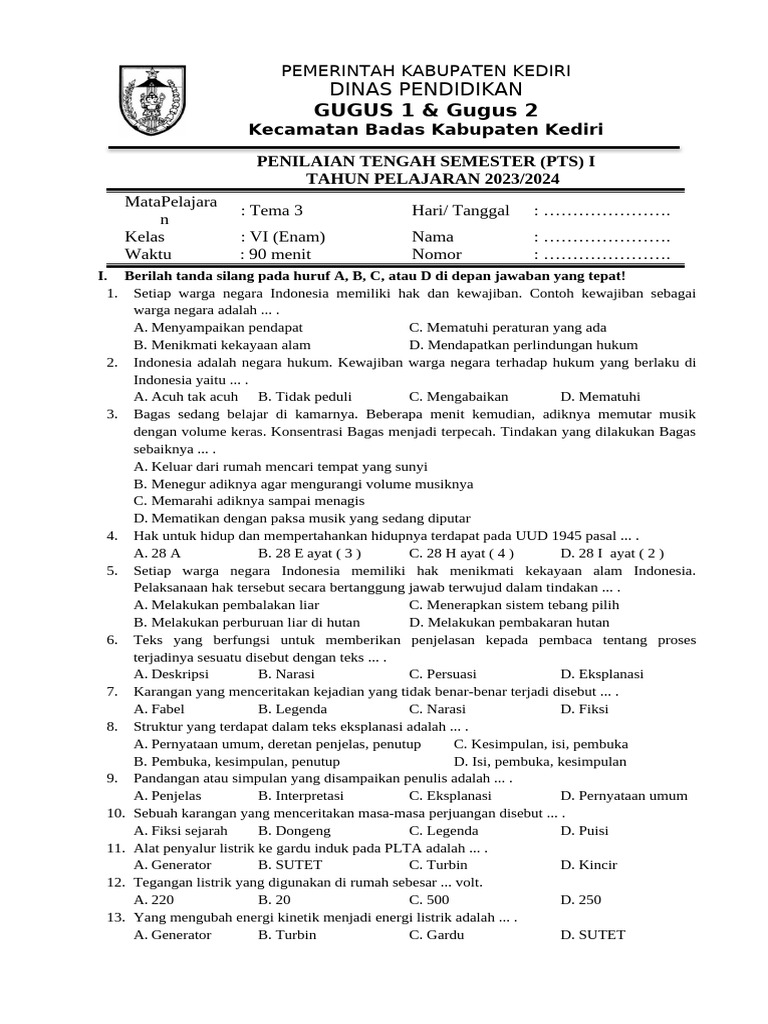 Soal Pts Tema 3 Kls 6 | PDF