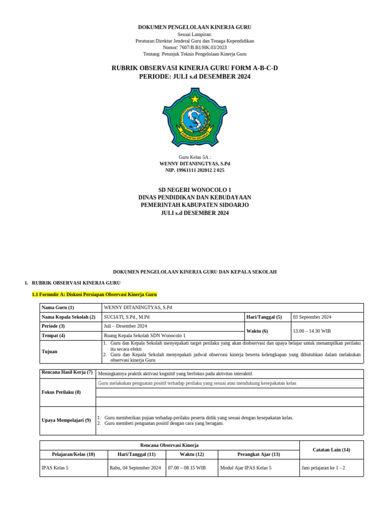 Form Abcd (Rubrik Observasi Guru) - Bu Wenny | PDF
