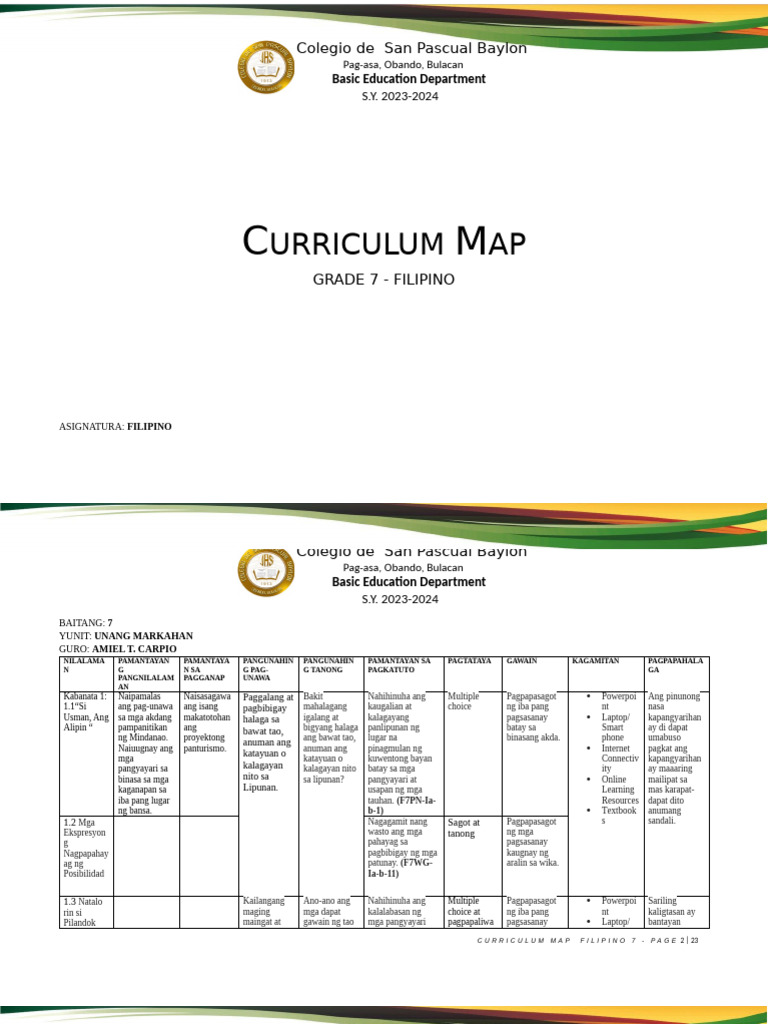 Curriculum Map in Filipino 7 (2023-2024) | PDF