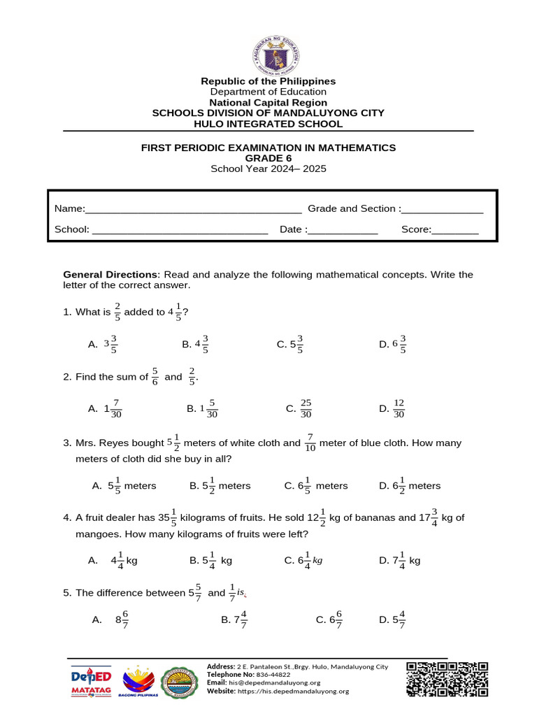Math-6-Q1 PT 2024-2025 FV | PDF