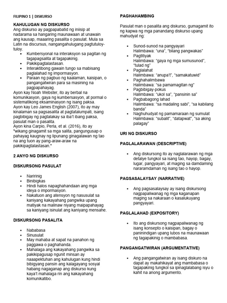 Filipino 1 - Diskurso - Sem 1 | PDF