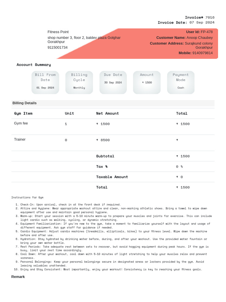 Gym Bill Sepetember | PDF