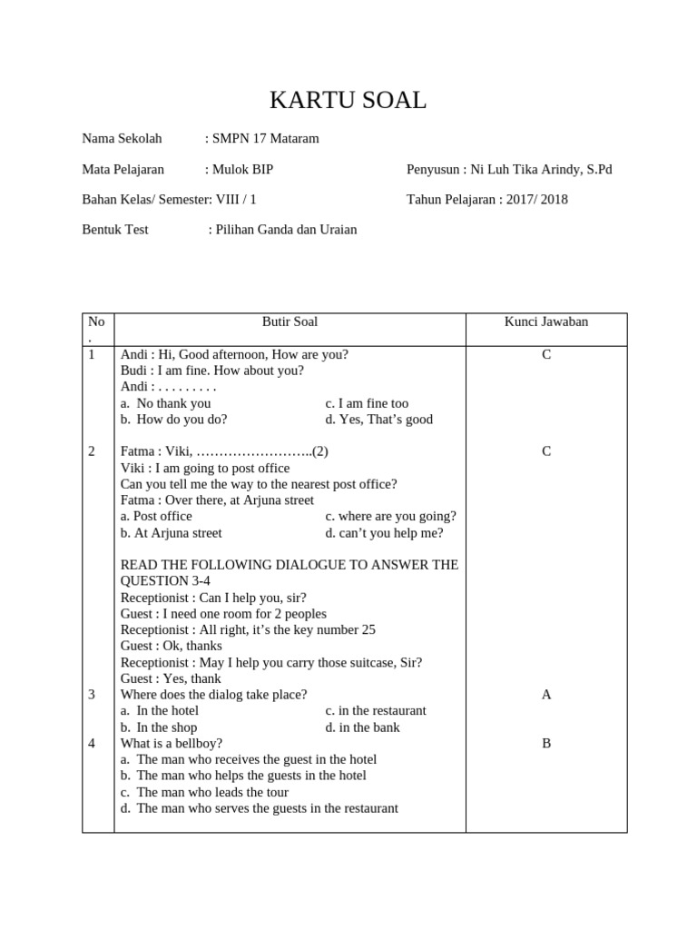 KARTU SOAL mid smtr I 2017 | PDF