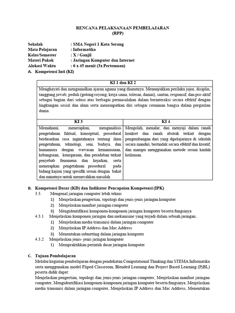 NFP - RPP Informatika SMAN1 - Jaringan Komputer | PDF