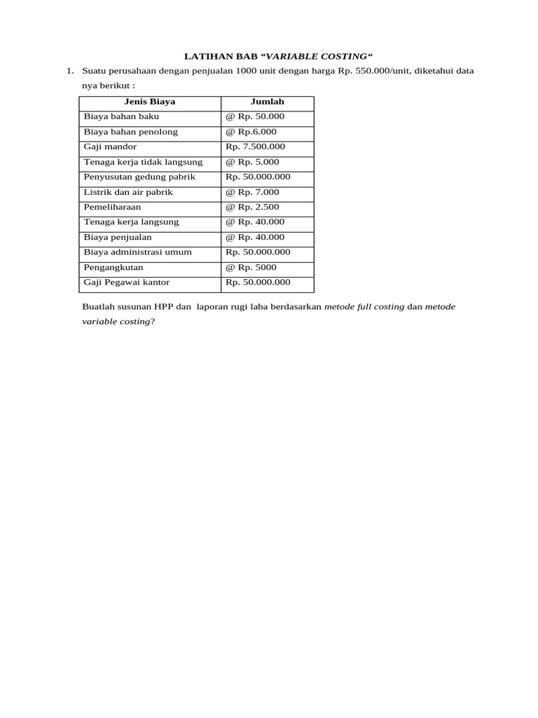 P4-Latihan Bab Variable Costing 2024 | PDF
