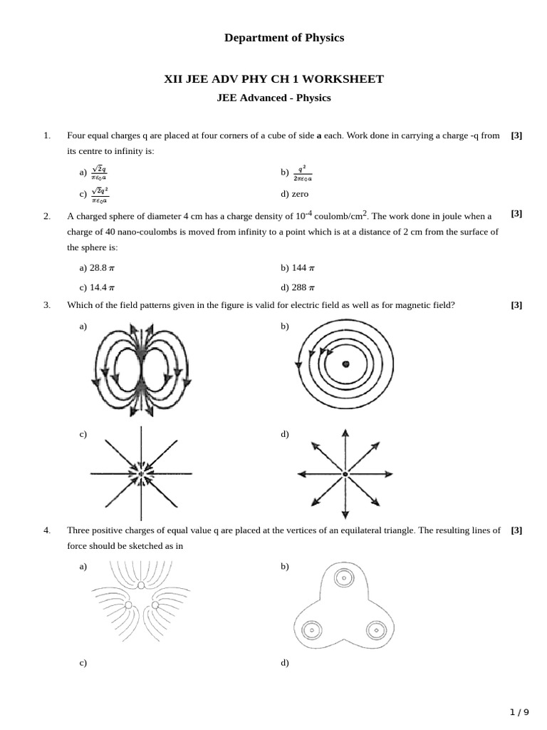 XII JEE Adv Phy CH 1 Electric Charges and Fields Worksheet 2 QP | PDF | Dipole | Electric Field
