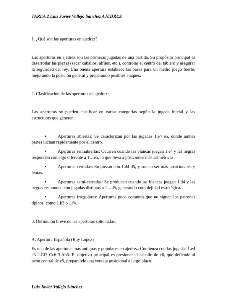 Tarea 2 Ajedrez | PDF | Aperturas de ajedrez | Ajedrez