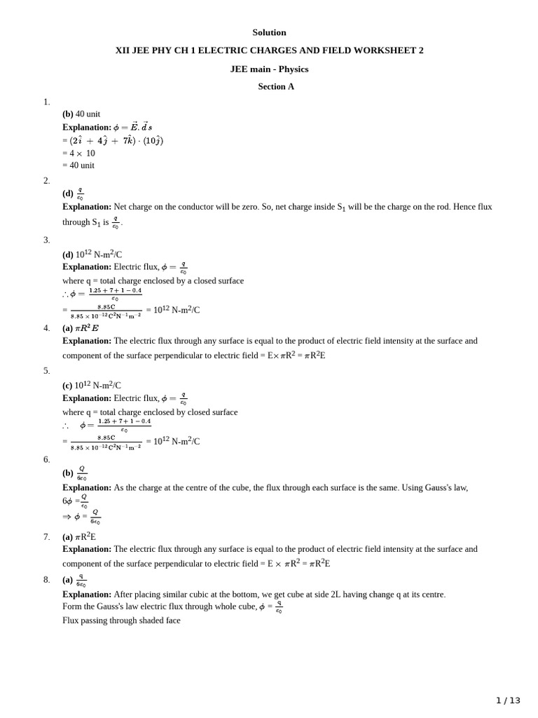 XII JEE Phy CH 1 Electric Charges and Fields Worksheet 2 Answers | PDF ...