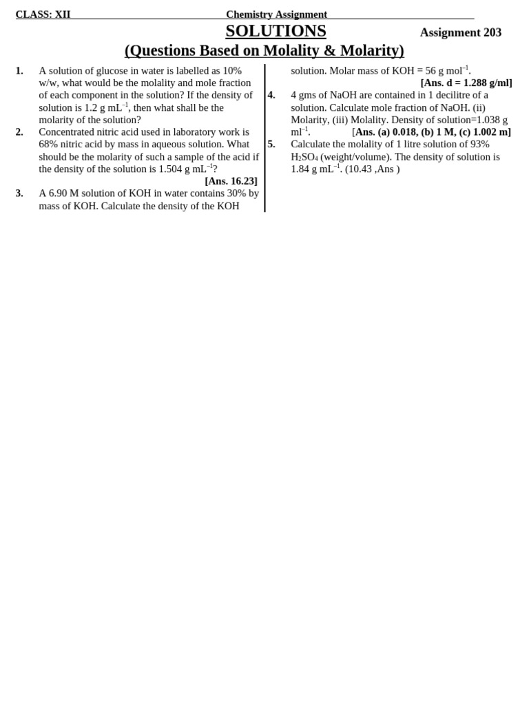 (Assign 203) Solutions (Questions Based On Molality & Molarity) (+2 ...