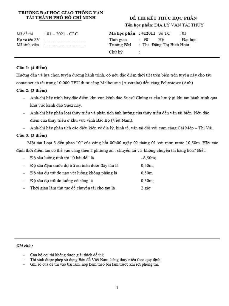 1. Đề Thi Cuối Kỳ Đlvt Thủy Mã 01 Clc | PDF