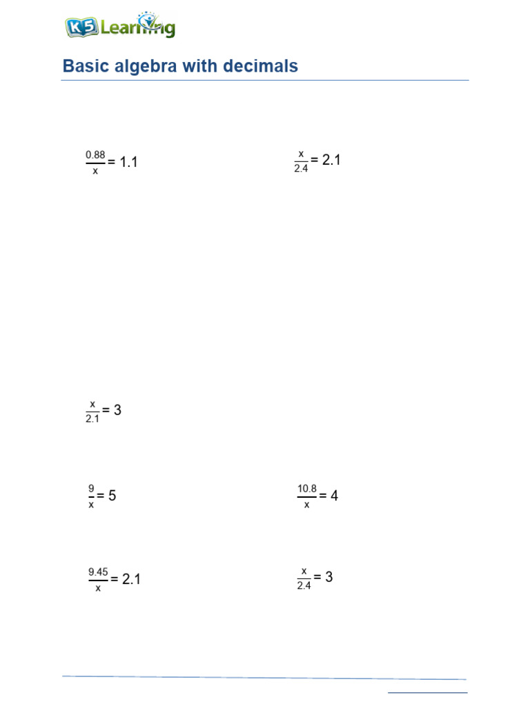 Grade 5 Basic Algebra Decimals e | PDF