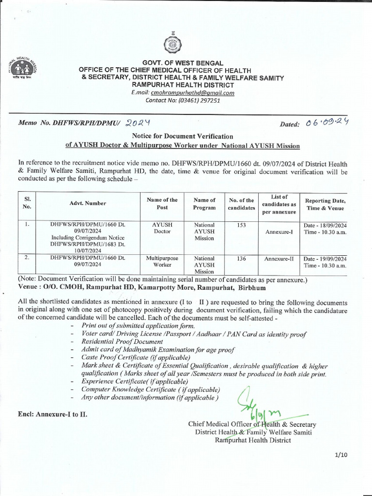 Notice For Document Verification of AYUSH Doctor - Multipurpose Worker Under National AYUSH ...