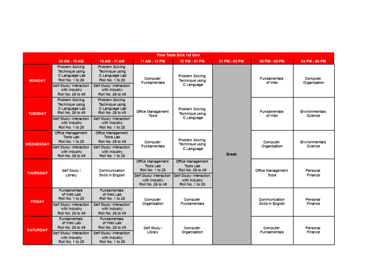 BCA 1st sem tentative TimeTable | PDF
