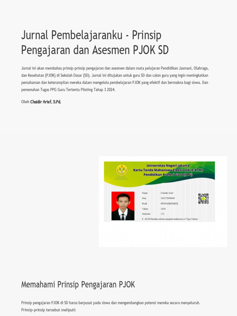 Jurnal-Pembelajaranku-Prinsip-Pengajaran-dan-Asesmen-PJOK-SD - CHAIDIR ARIEF S.Pd. | PDF