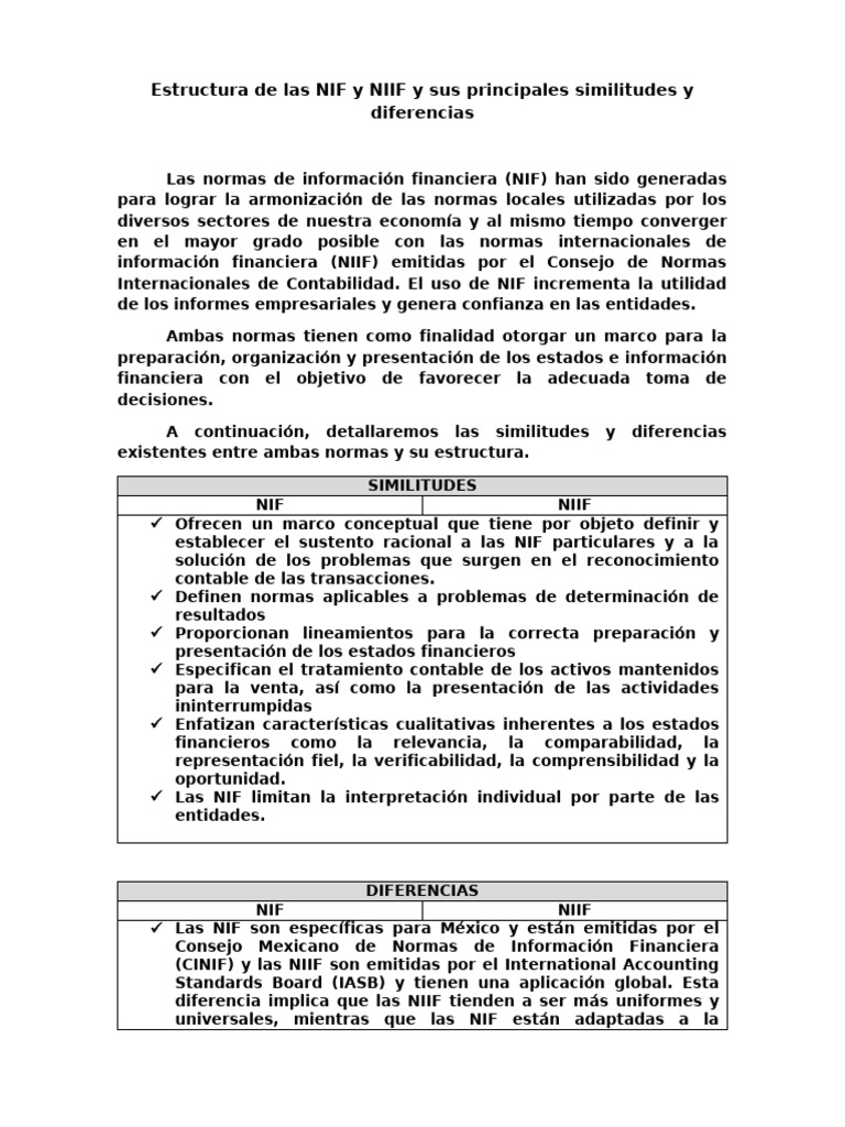 Estructura de Las NIF y NIIF y Sus Principales Similitudes y ...