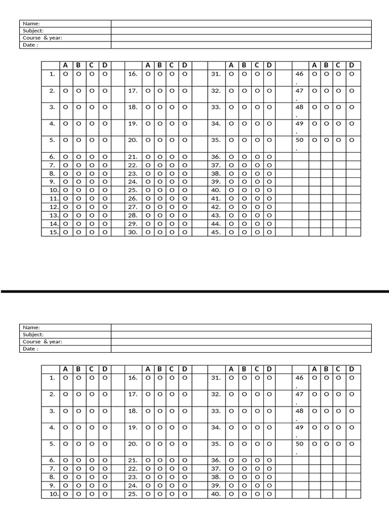Asnwer Sheet Pdf