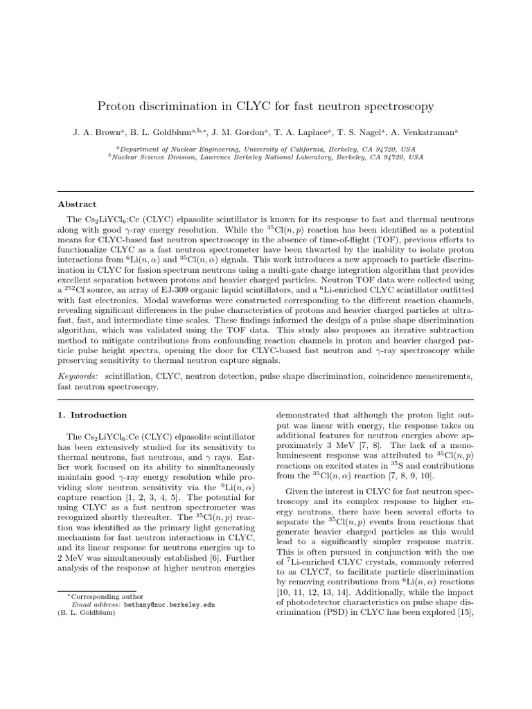 (Brown) Proton CLYC Fast Neutron Spectrometry | PDF