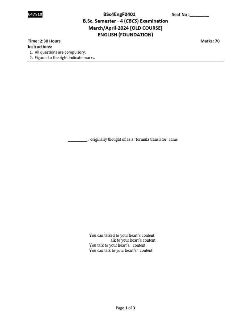 Old2024 Bsc4 Ma24 Eng English (Core) | PDF