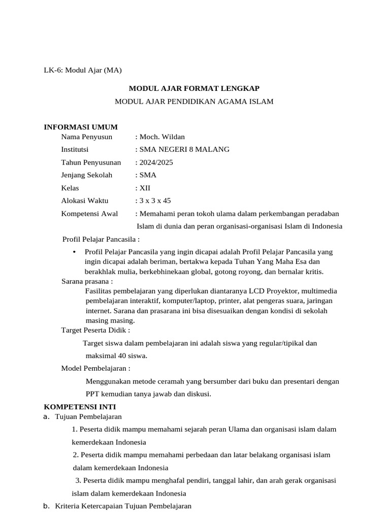 Revisi Modul Ajar Materi SKI Kelas XII-1 | PDF