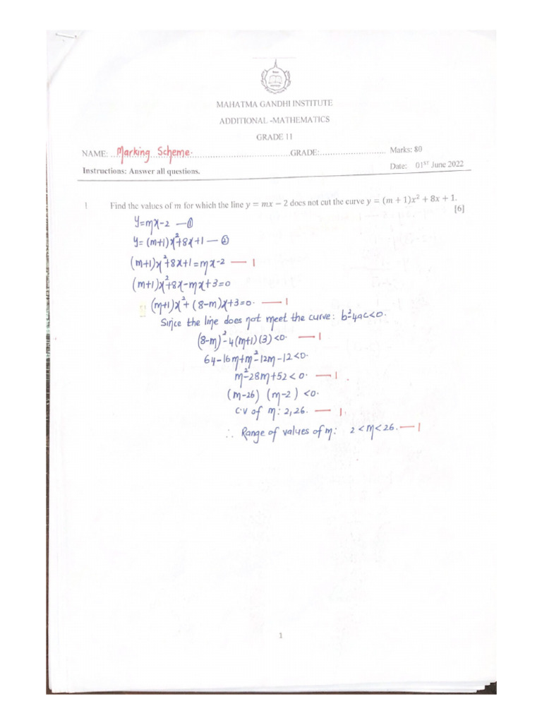 Marking Scheme Addmaths Test 1 | PDF
