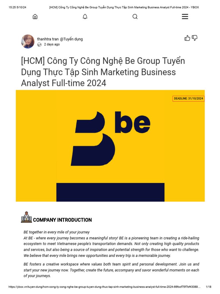 (HCM) Công Ty Công Nghệ Be Group Tuyển Dụng Thực Tập Sinh Marketing ...