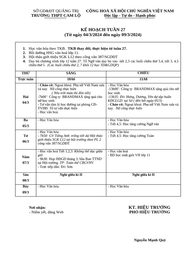 Ke Hoach Tuan 27 4cb10 | PDF | Vietnam