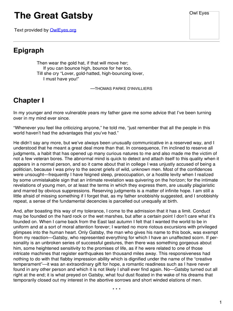 Oe The Great Gatsby Text | PDF