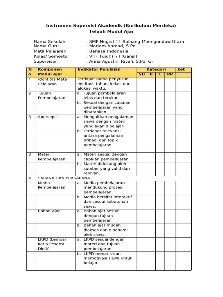 Instrumen Supervisi MODUL AJAR Pra Observasi | PDF