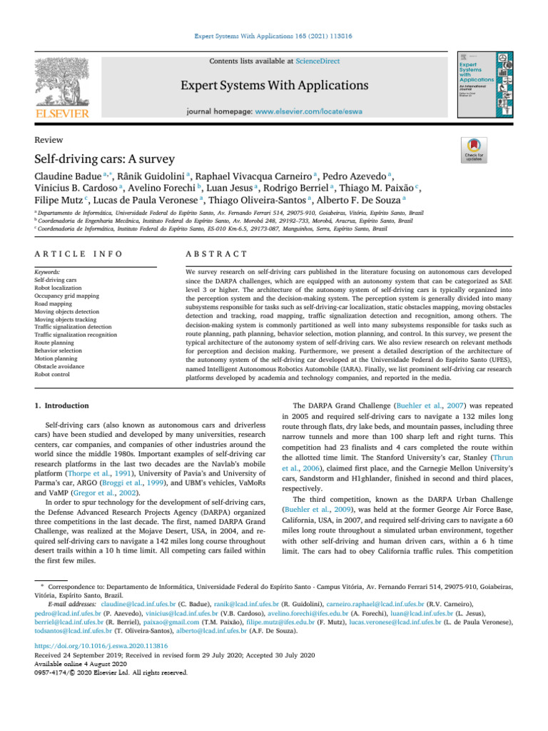Self Driving Cars A Survey - 2021 - Expert Systems With Applications | PDF