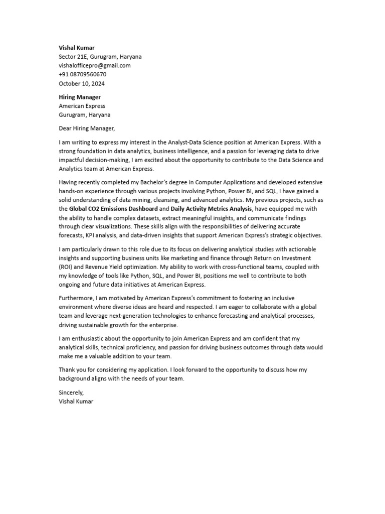 Cover Letter For Analyst-Data Science Position at American Express | PDF