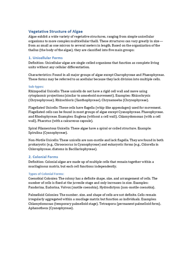 Vegetative Structure of Algae (1) | PDF