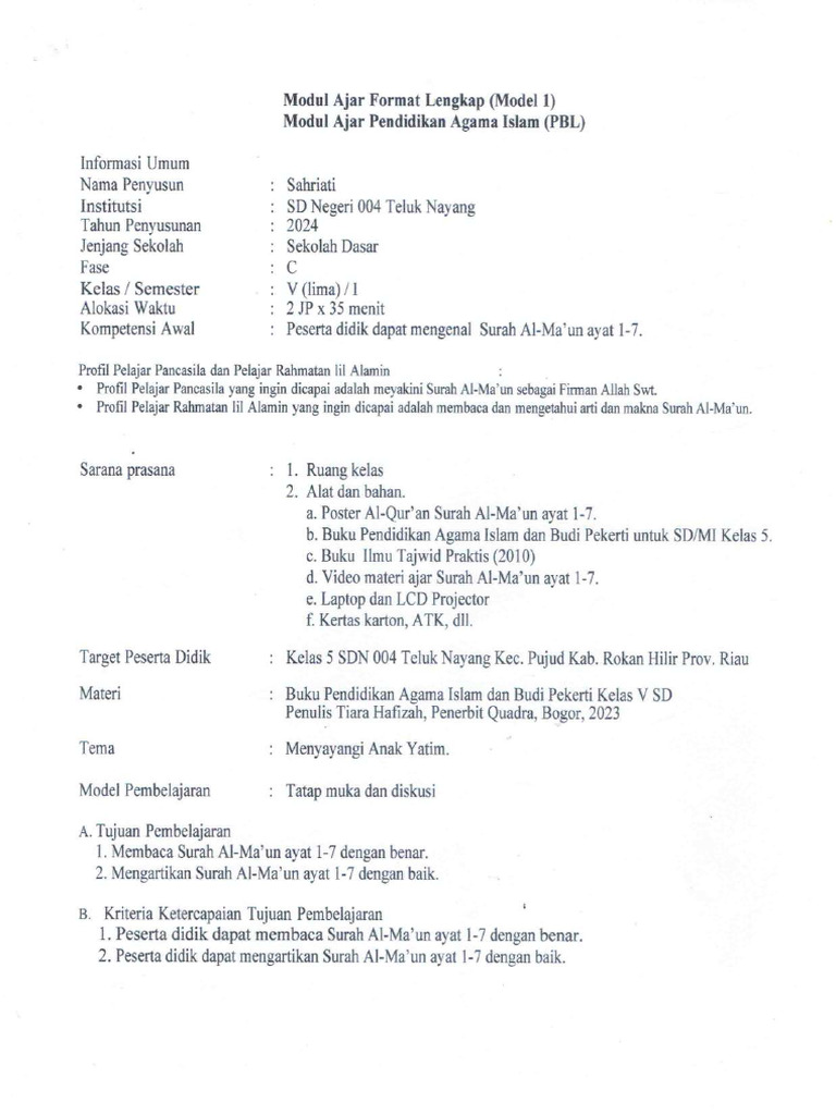 Modul Ajar Surah Al-Ma'un 1-7 PPL-1-PBL | PDF
