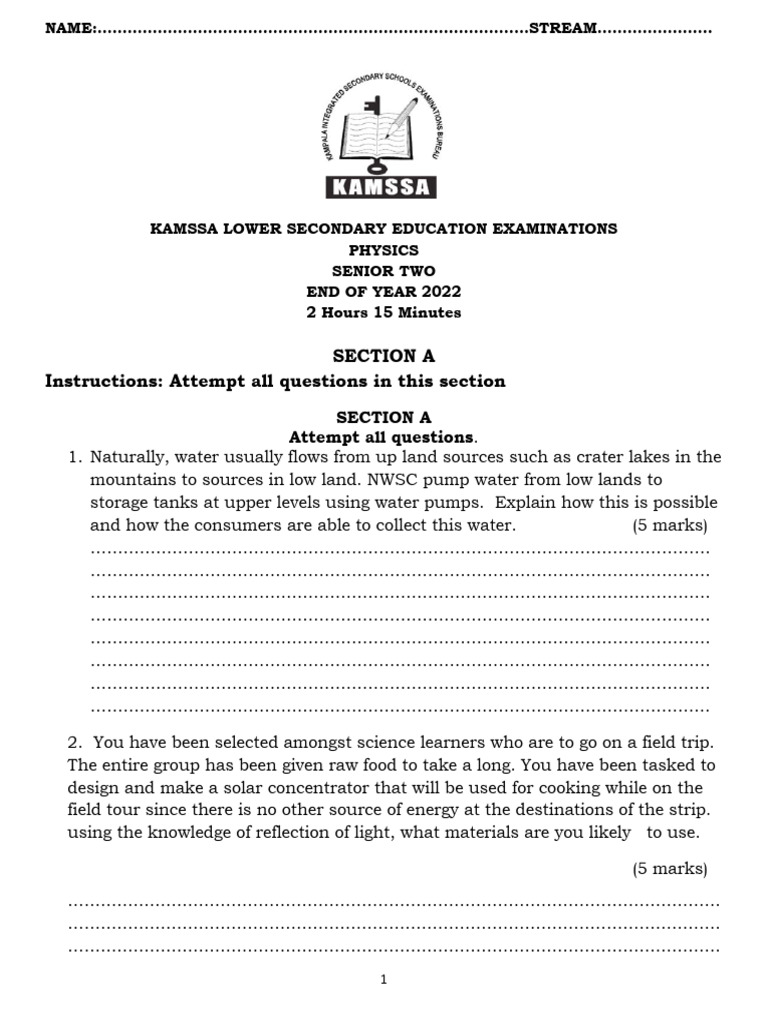 s2 Physics Kamssa Education Examinations | PDF