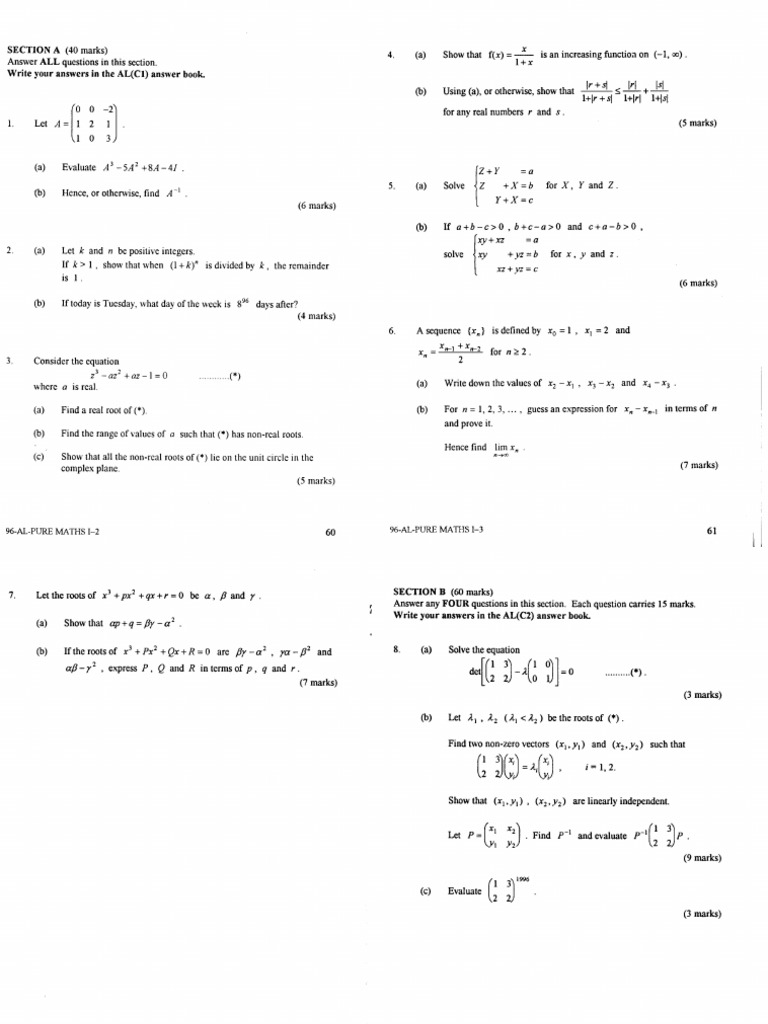 1996 AL Pure Math Paper1 | PDF