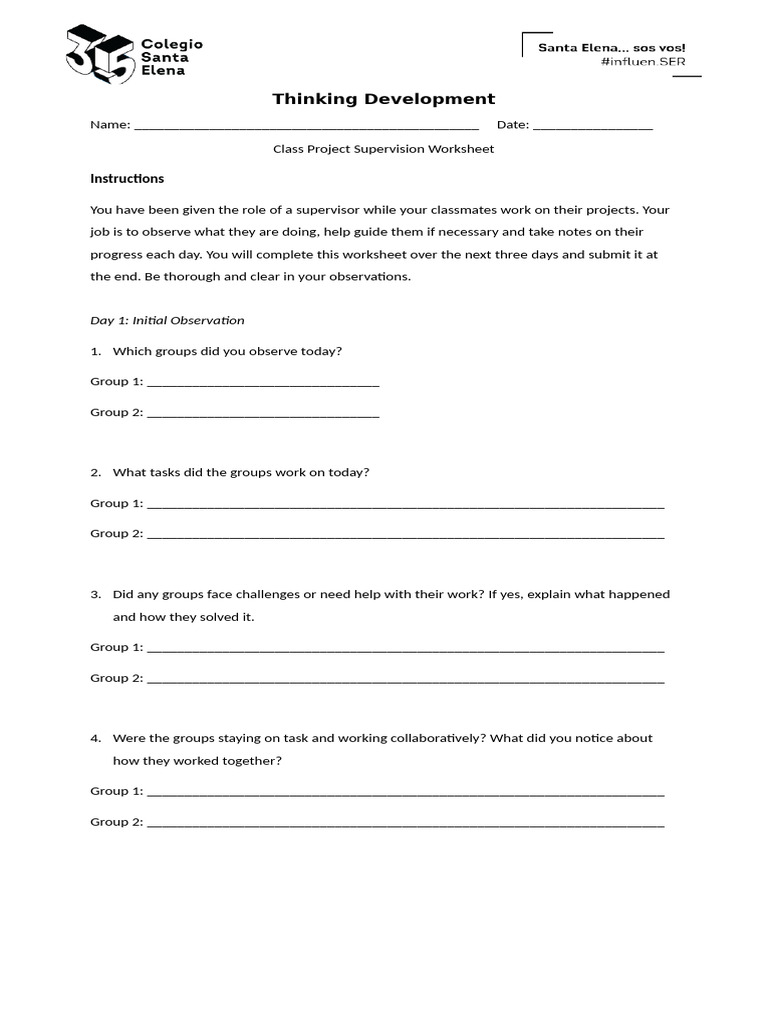 Class Project Supervision Worksheet | PDF