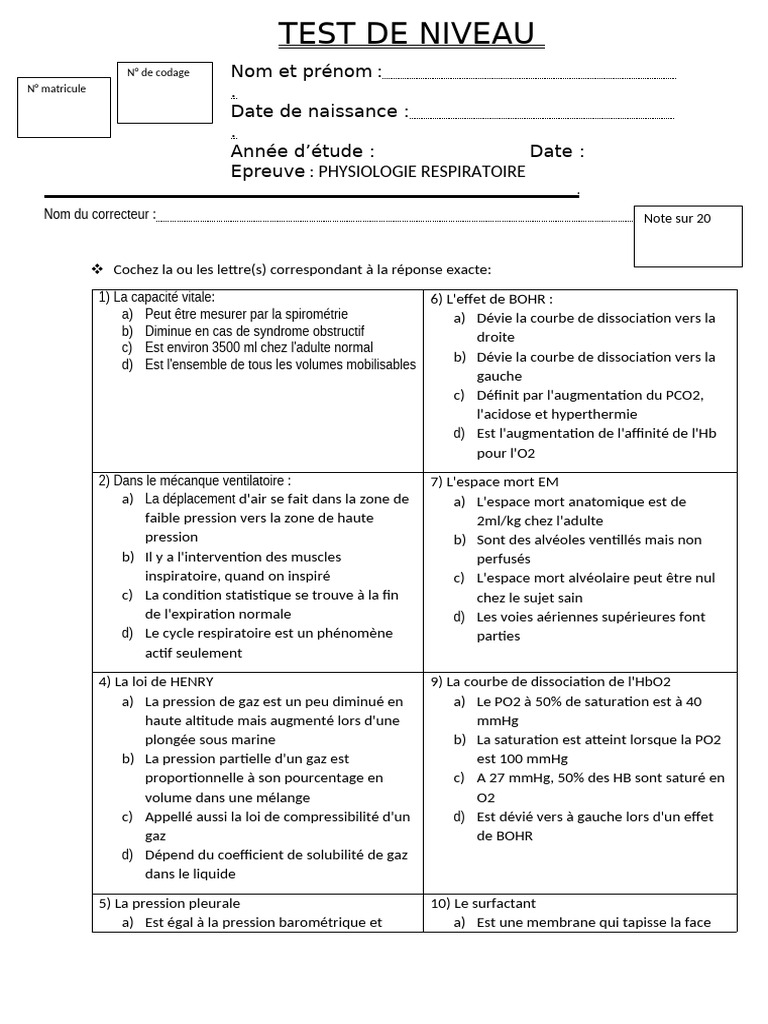 TEST DE NIVEAU Physio Respi | PDF
