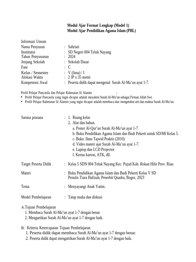 Modul Ajar Surah Al-Ma'un Ayat 1-7 (PBL) Kelas 4 | PDF