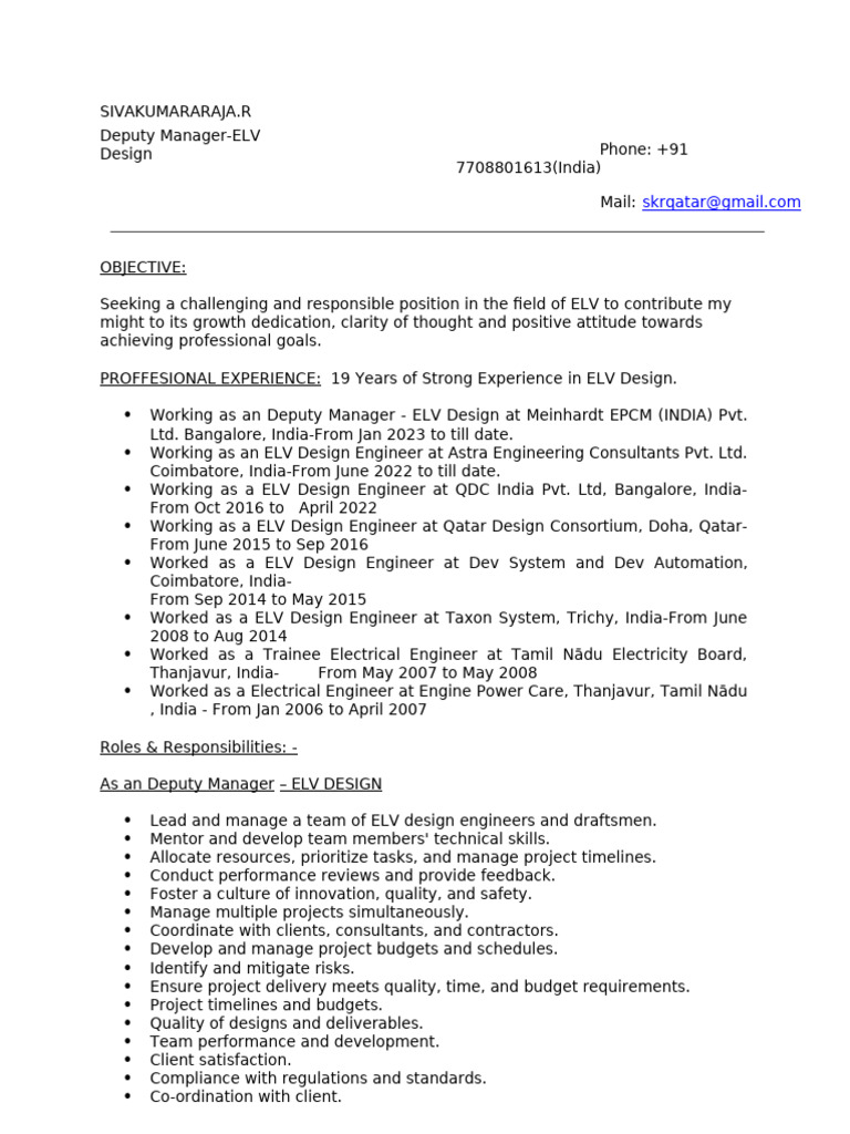 Deputy Manager-ELV Design | PDF