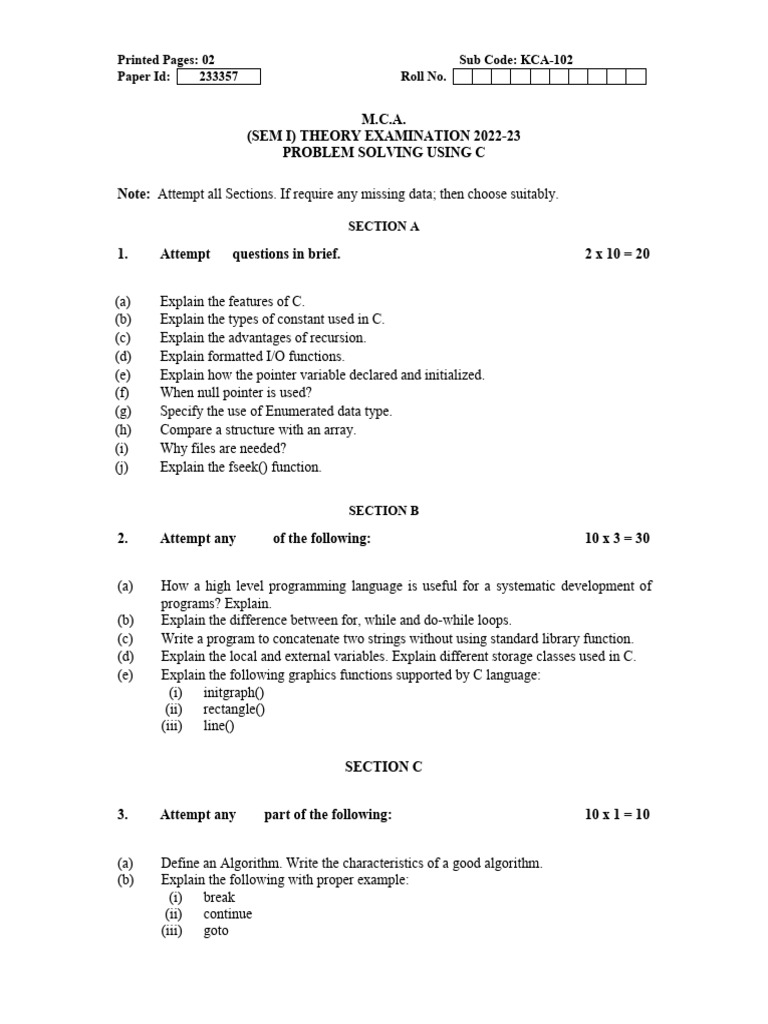 Mca 1 Sem Problem Solving Using C Kca 102 2023 | PDF