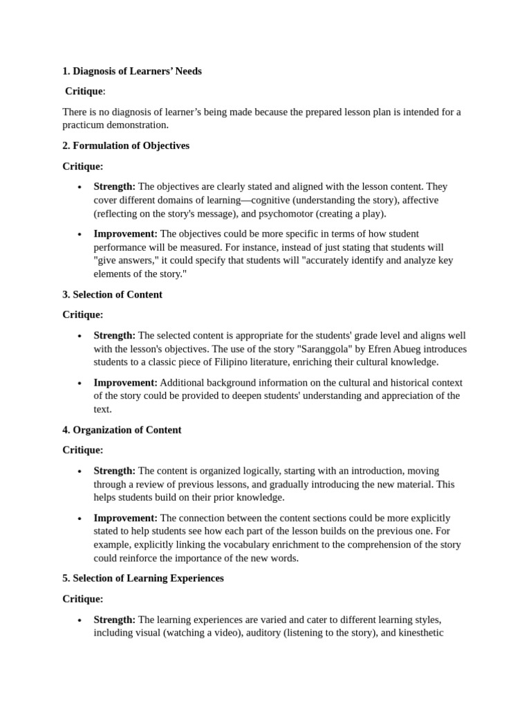 Lesson Plan Critique | PDF